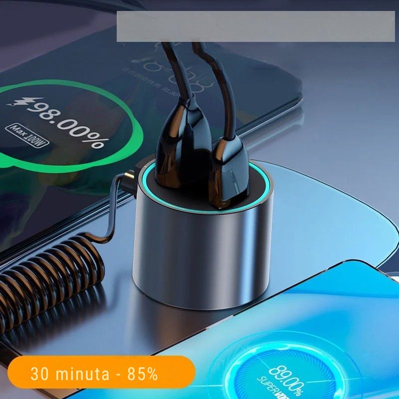 Punjac za auto | 3 kabla + USB portovi, 100W, 6.5A
